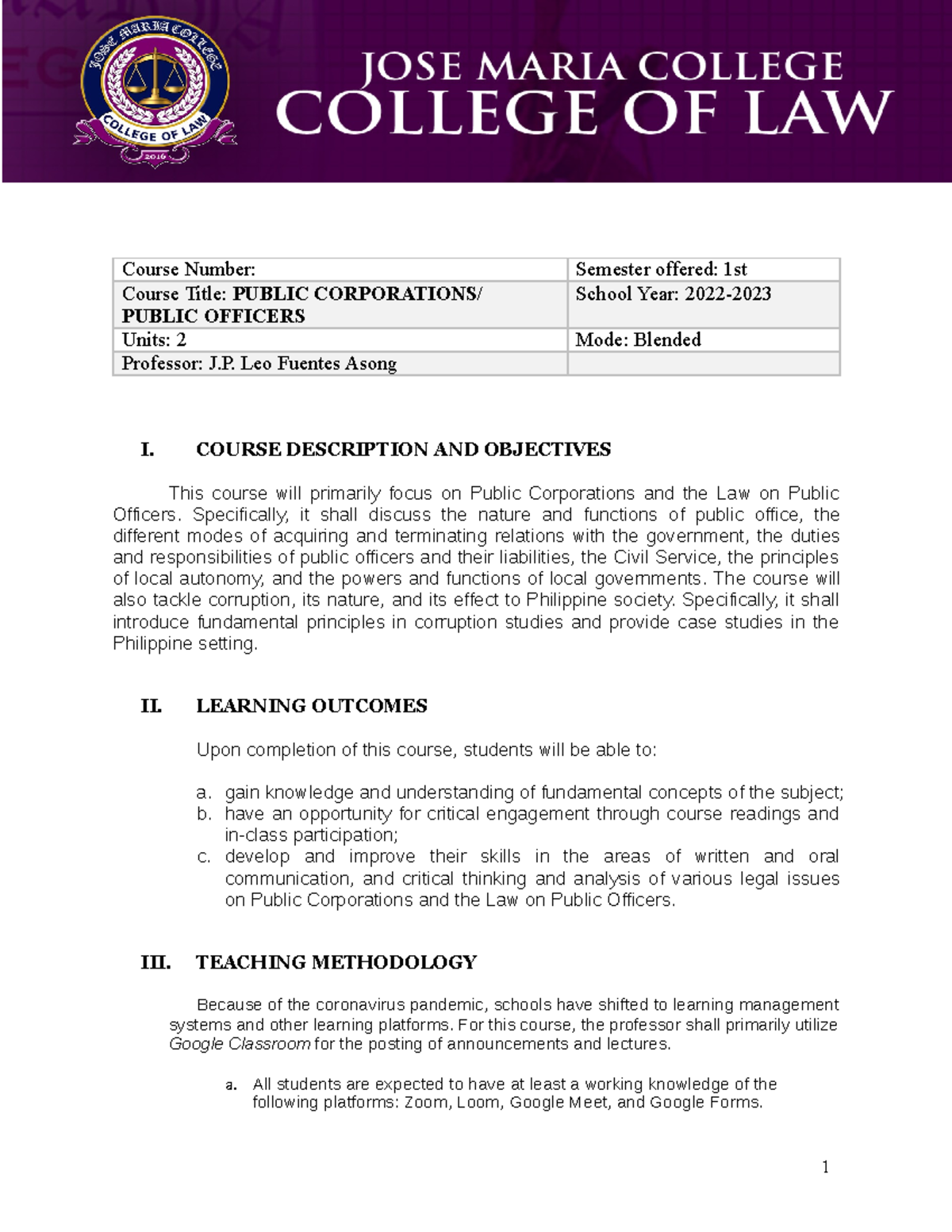 JMC Public Corporations Syllabus 2022 - 1 Course Number: Semester ...