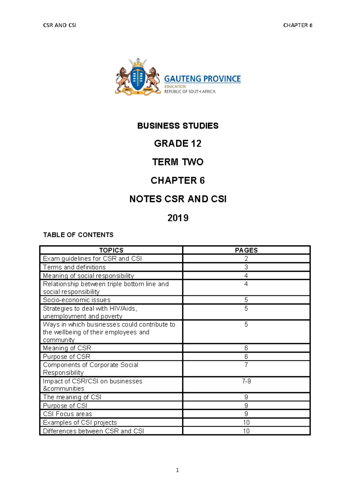 Chapter 6 Business Studies Grade 12 Notes ON CSR AND CSI - BUSINESS ...