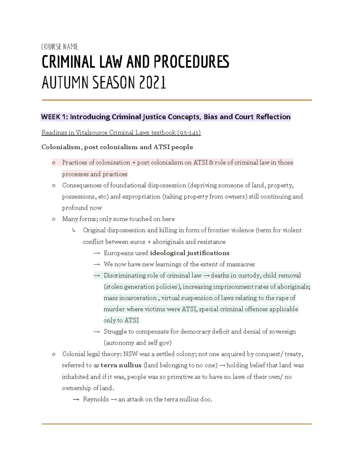 Criminal LAW - tutorial work from wk1 - COURSE NAME CRIMINAL LAW AND ...