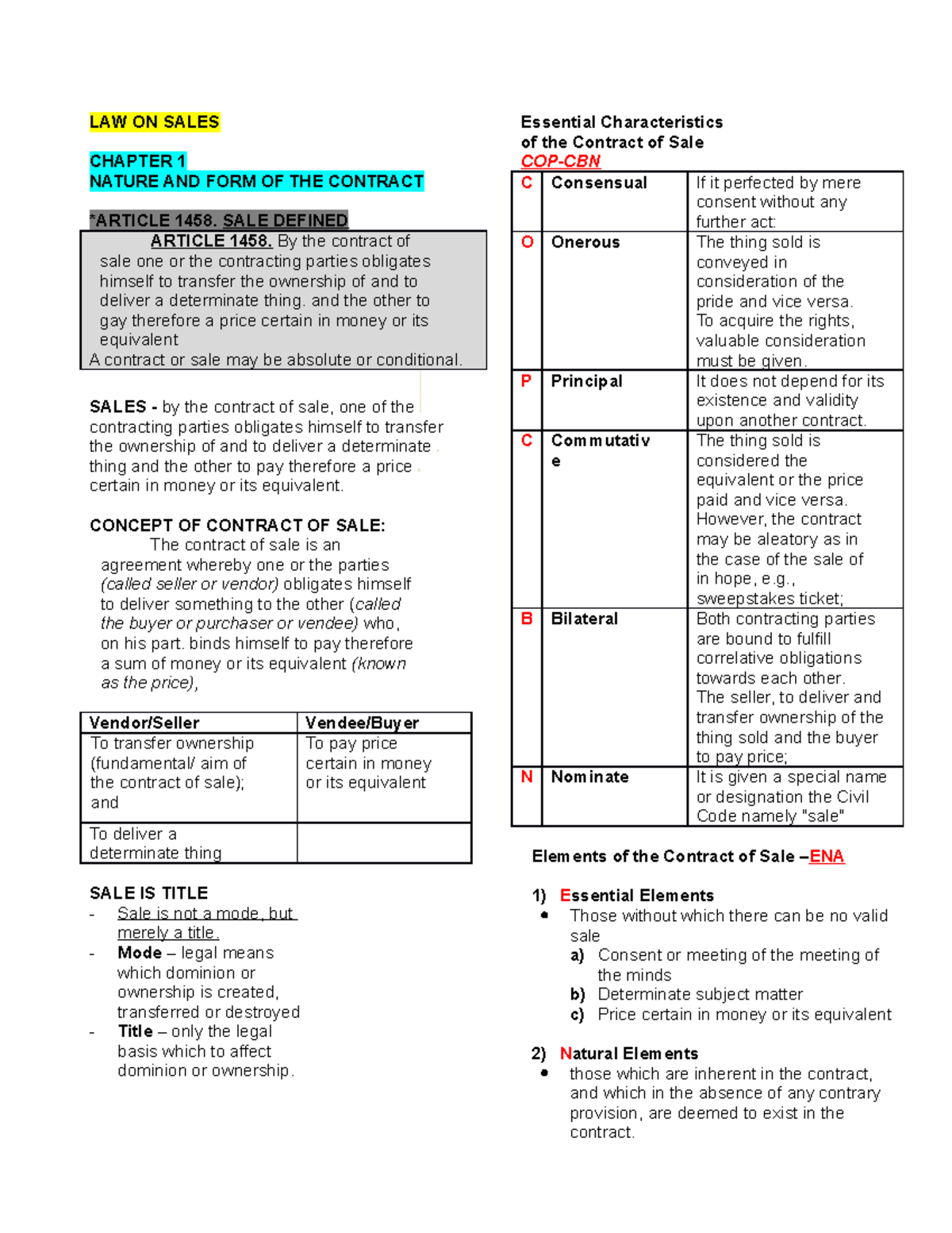 Law On Sales (notes) - LAW ON SALES CHAPTER 1 NATURE AND FORM OF THE ...