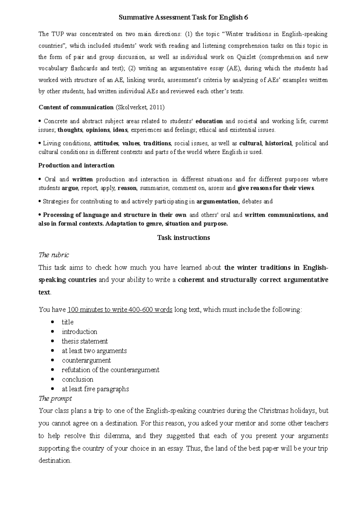 Summativ bedömning English 6 - Summative Assessment Task for English 6 ...