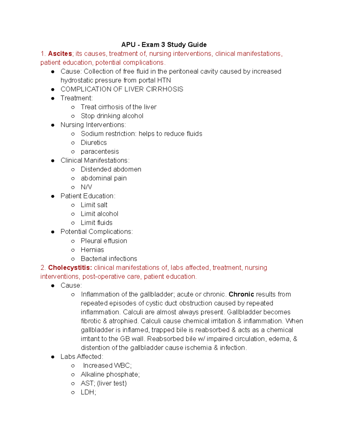 Med Surg EXAM 3 - practice notes - APU - Exam 3 Study Guide Ascites ...
