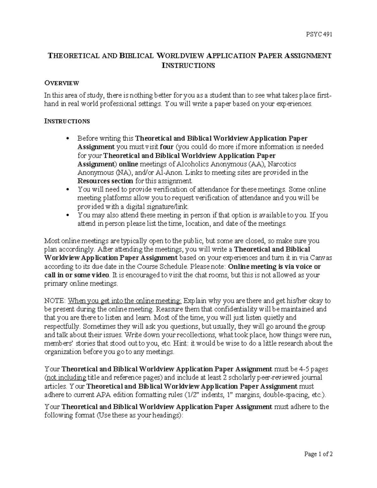 PSYC 491 Theoretical and Biblical Worldview Application Paper ...