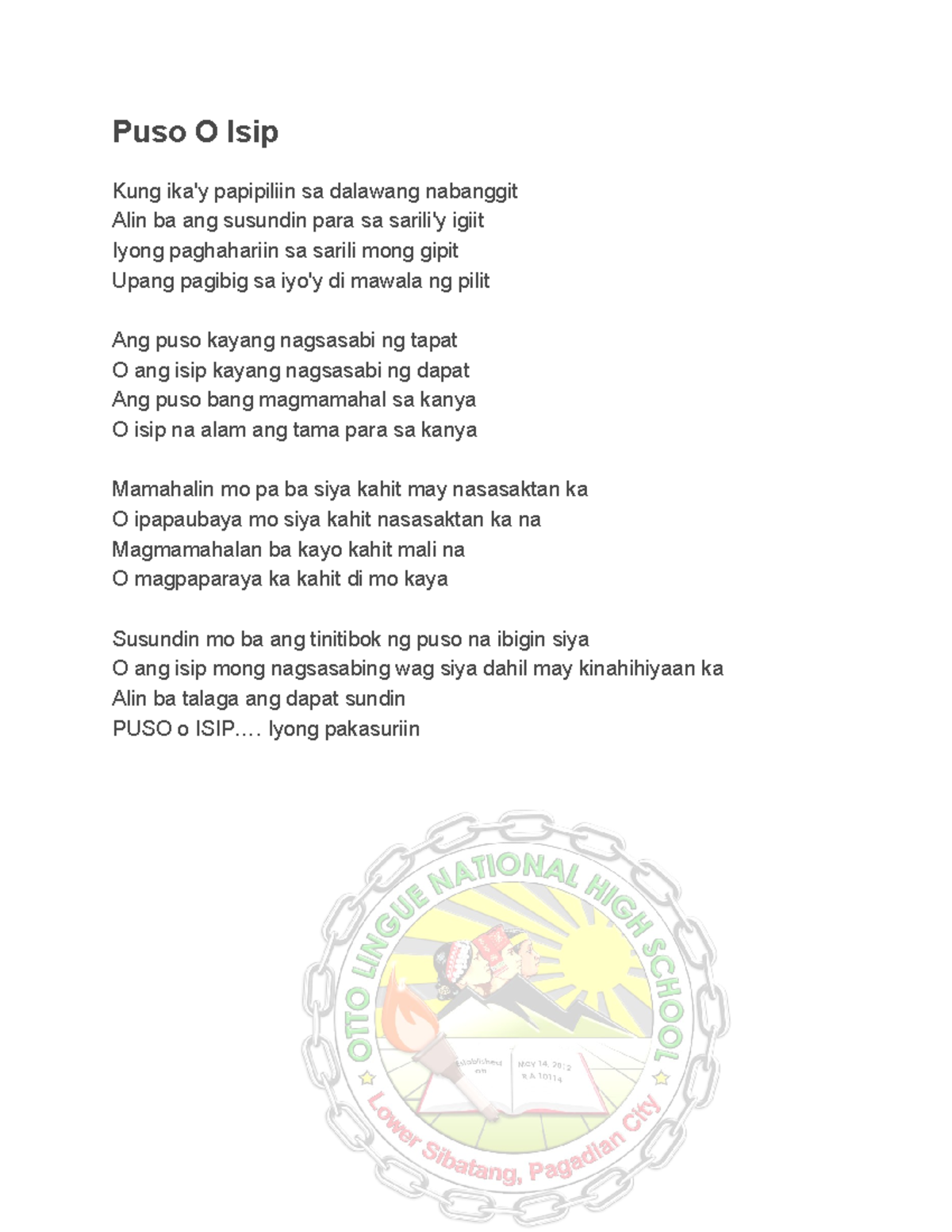 Puso O Isip - yes - Puso O Isip Kung ika'y papipiliin sa dalawang ...