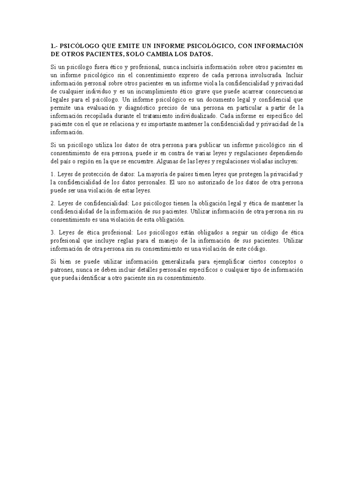 Pregunta 01 - COAP - pdf - 1.- PSICÓLOGO QUE EMITE UN INFORME PSICOLÓGICO, CON INFORMACIÓN DE ...