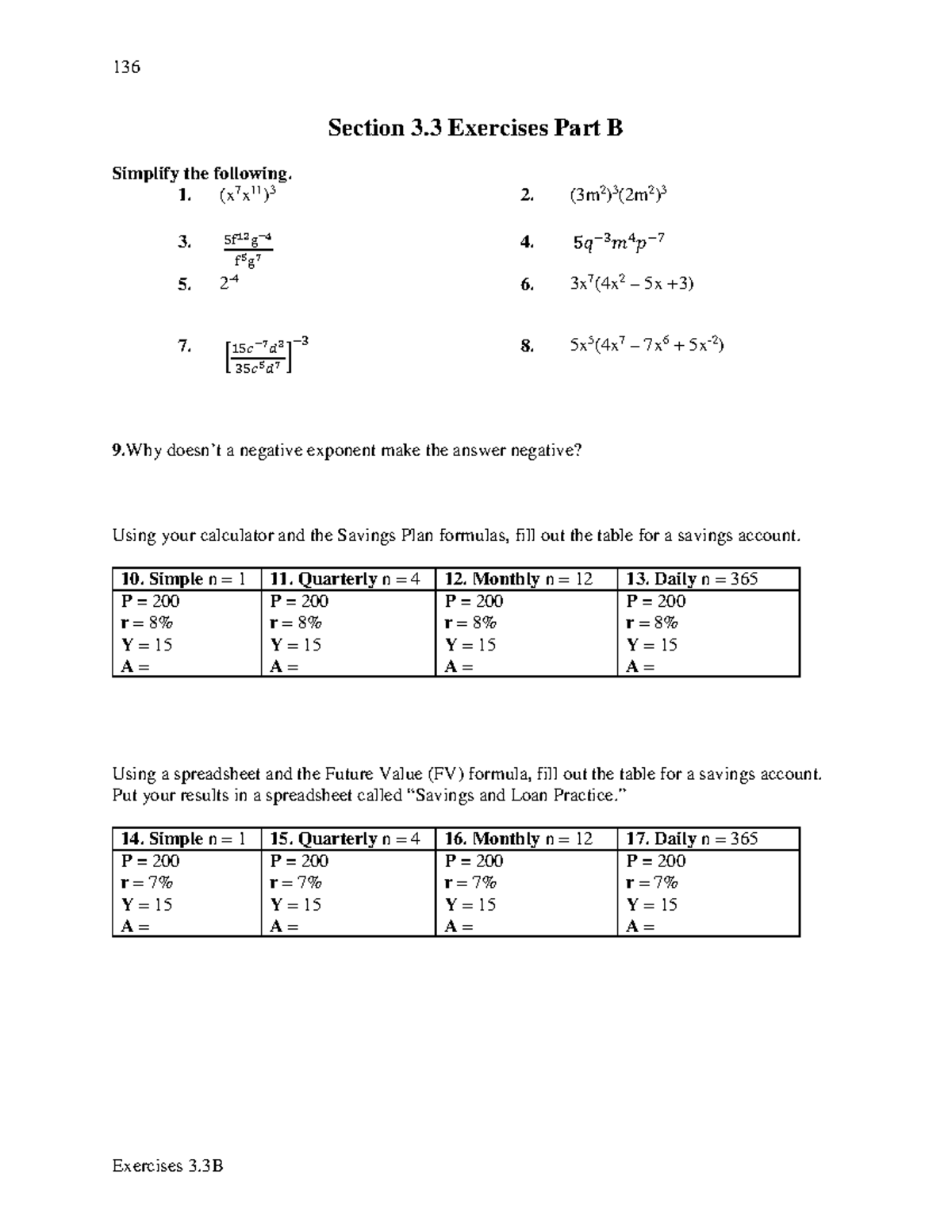 Exercises 3-3B - Exercise for algebra, ratio, and proportion. - 136 ...