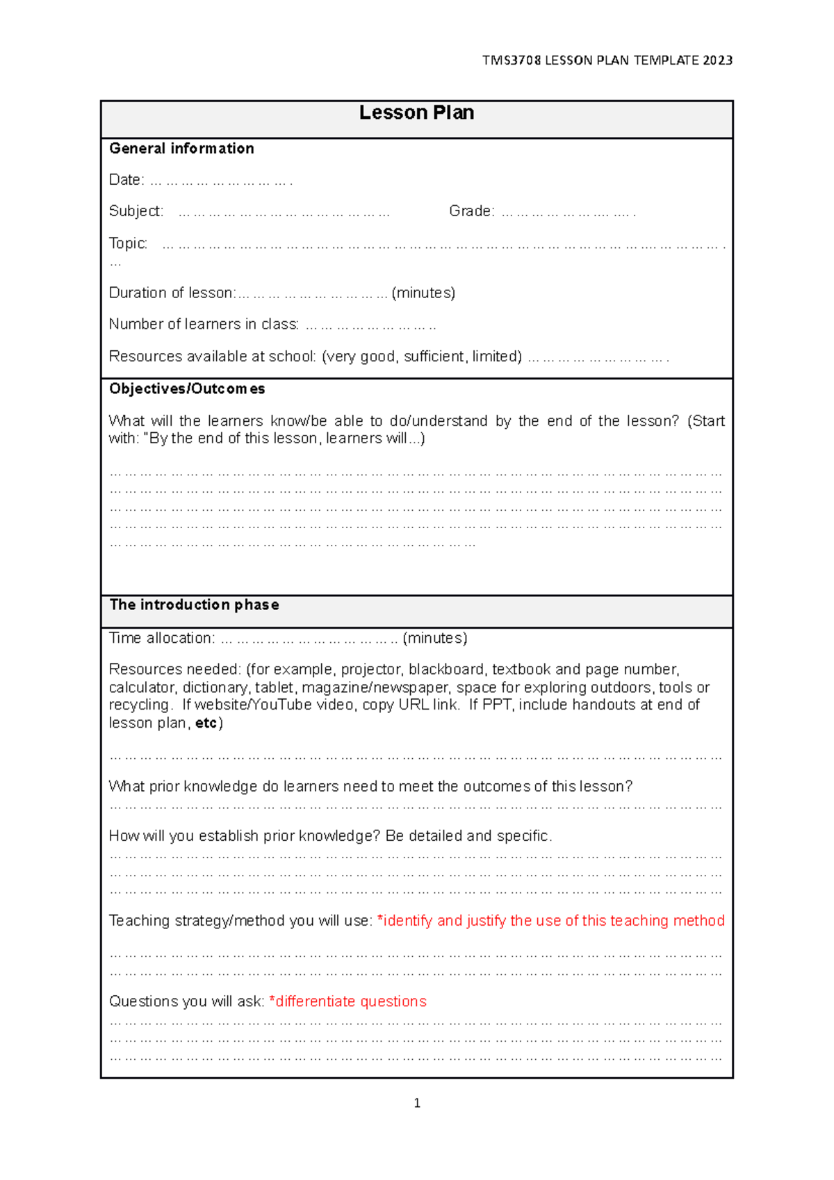 TMS3708 Lesson Plan template - Lesson Plan General information Date