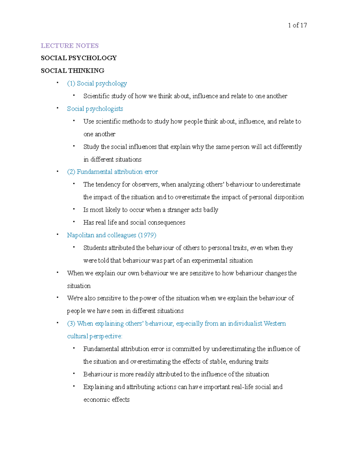 Week 11 notes pdf - Social Psychology - LECTURE NOTES SOCIAL PSYCHOLOGY ...