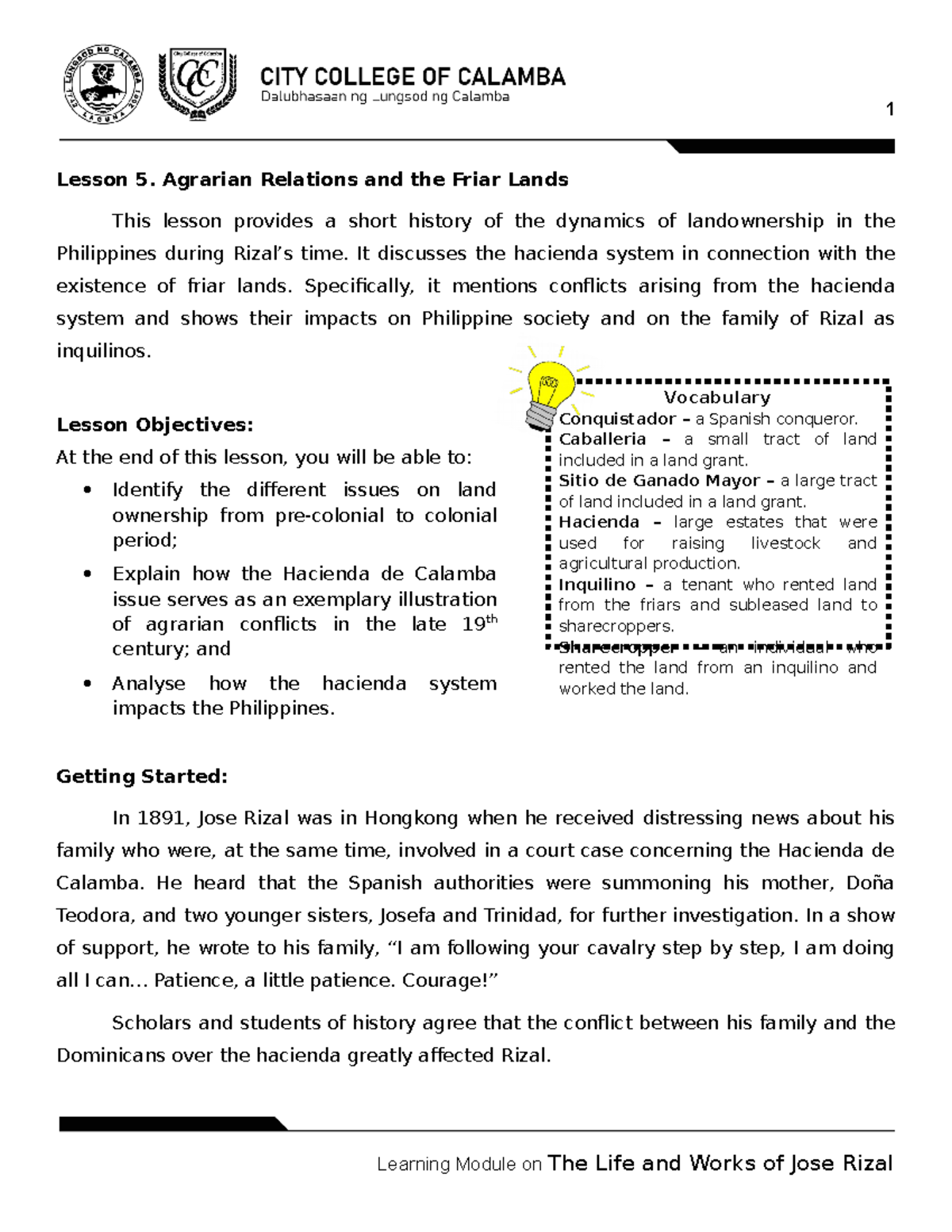Lesson 05 Midterm-2 - 1 Lesson 5. Agrarian Relations and the Friar ...