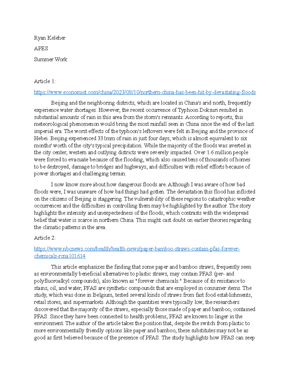 Articles summer work - Ryan Keleher APES Summer Work Article 1: - Studocu