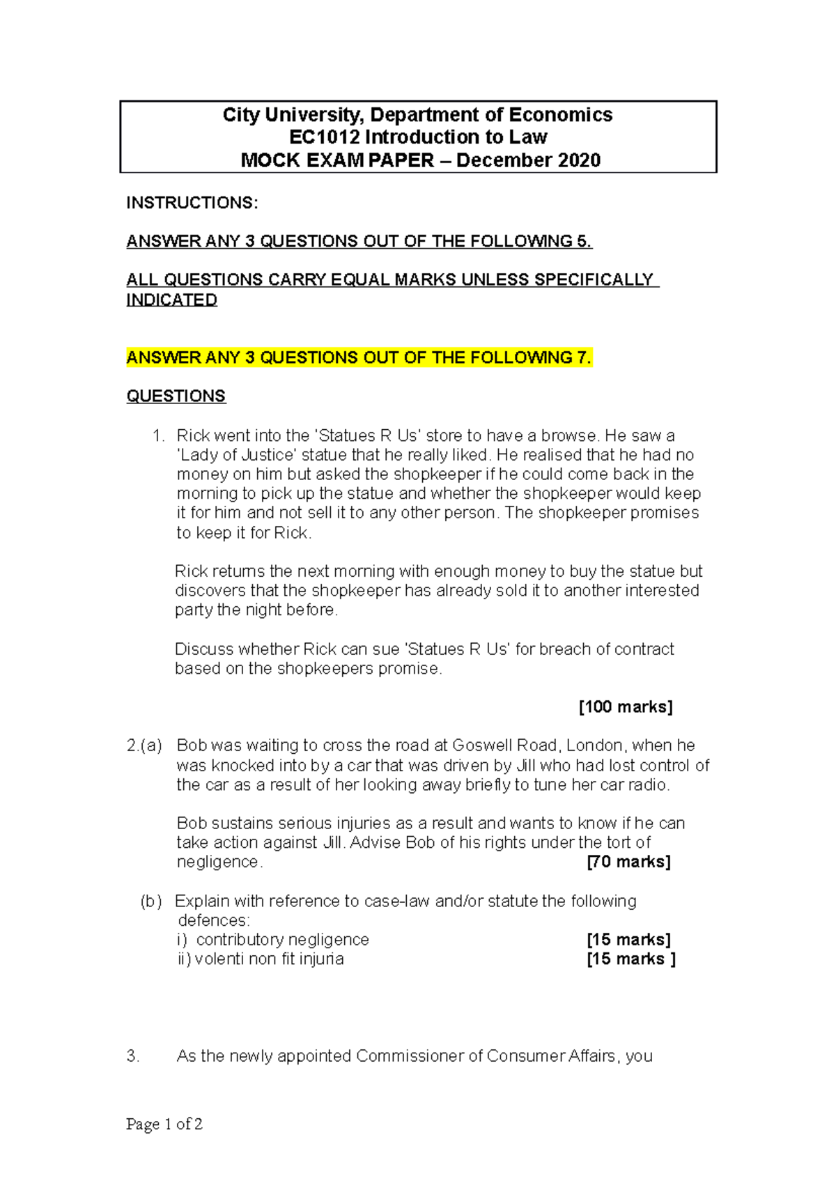 EC 1012 - Intro to Law- MOCK Exam Dec 2020 VK 2 - City University ...
