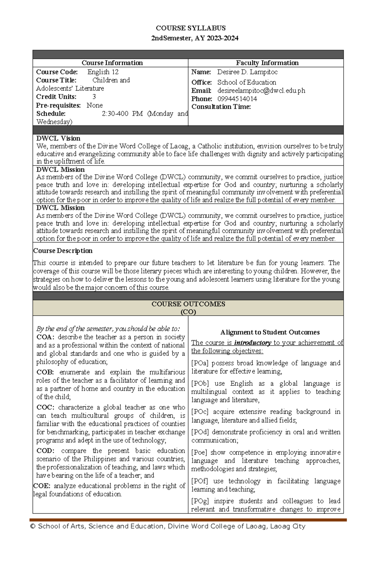 English-12-syllabus - A syllabus - COURSE SYLLABUS 2ndSemester, AY 2023 ...