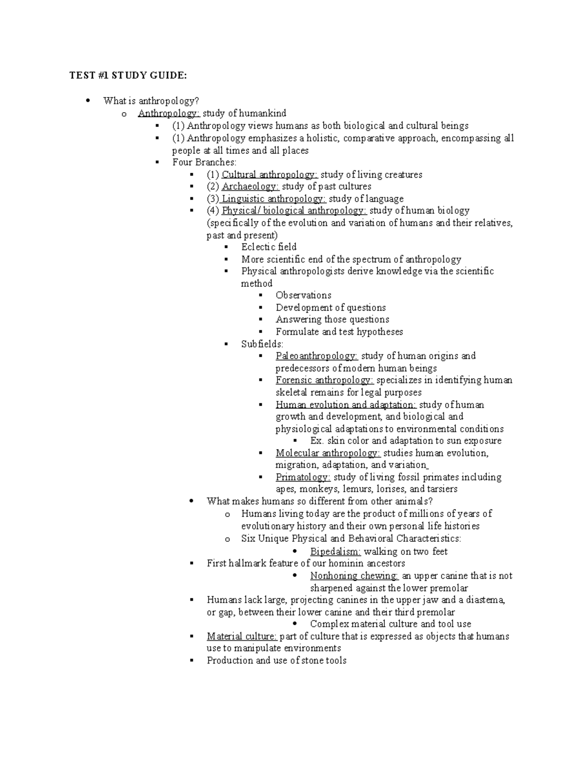 Anthro TEST - Summary Human Evolution - TEST #1 STUDY GUIDE: What is ...