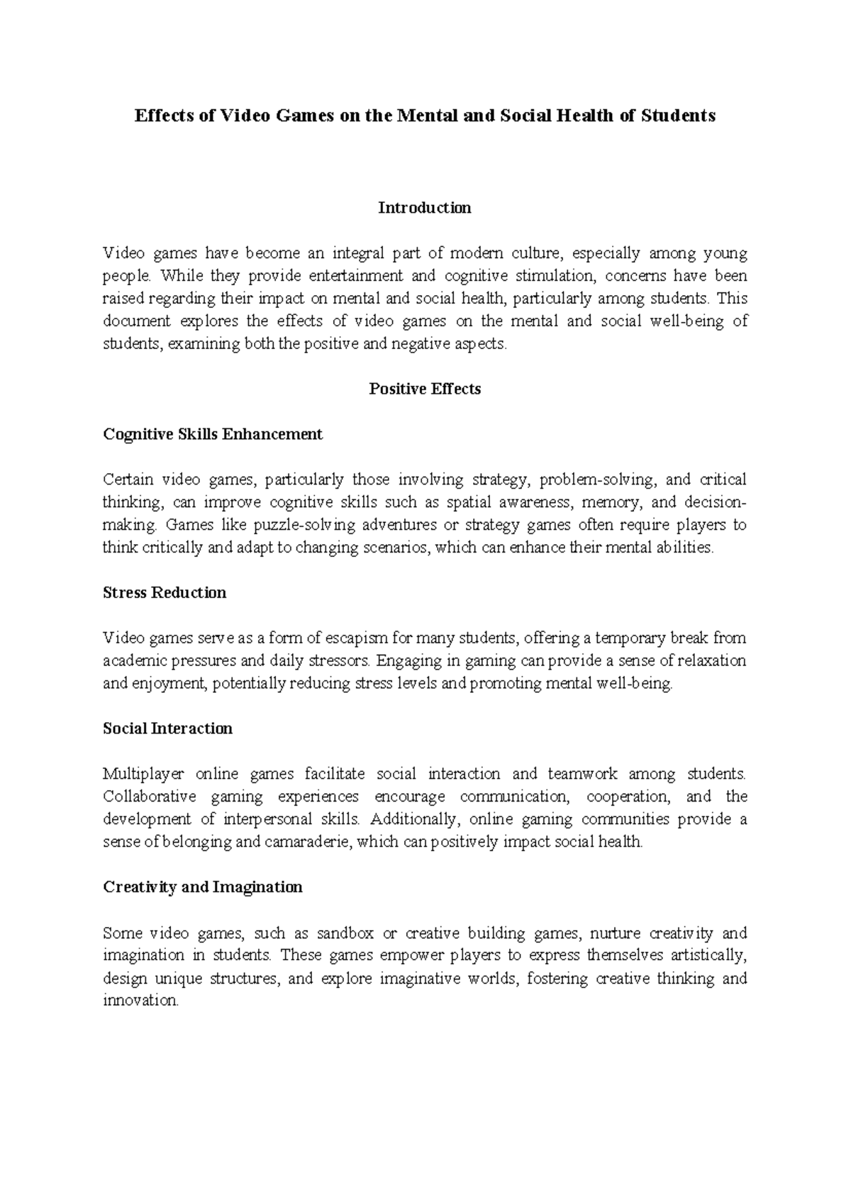 Effects of Video Games on the Mental and Social Health of Students ...