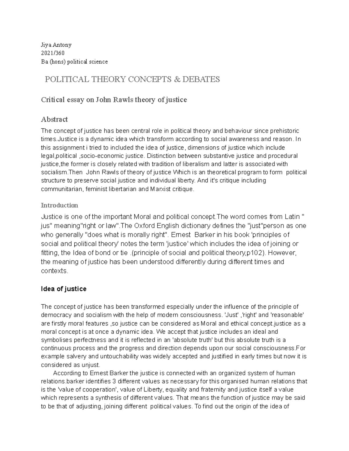 Justice John Rawls - Summary political science hons - Jiya Antony 2021 ...