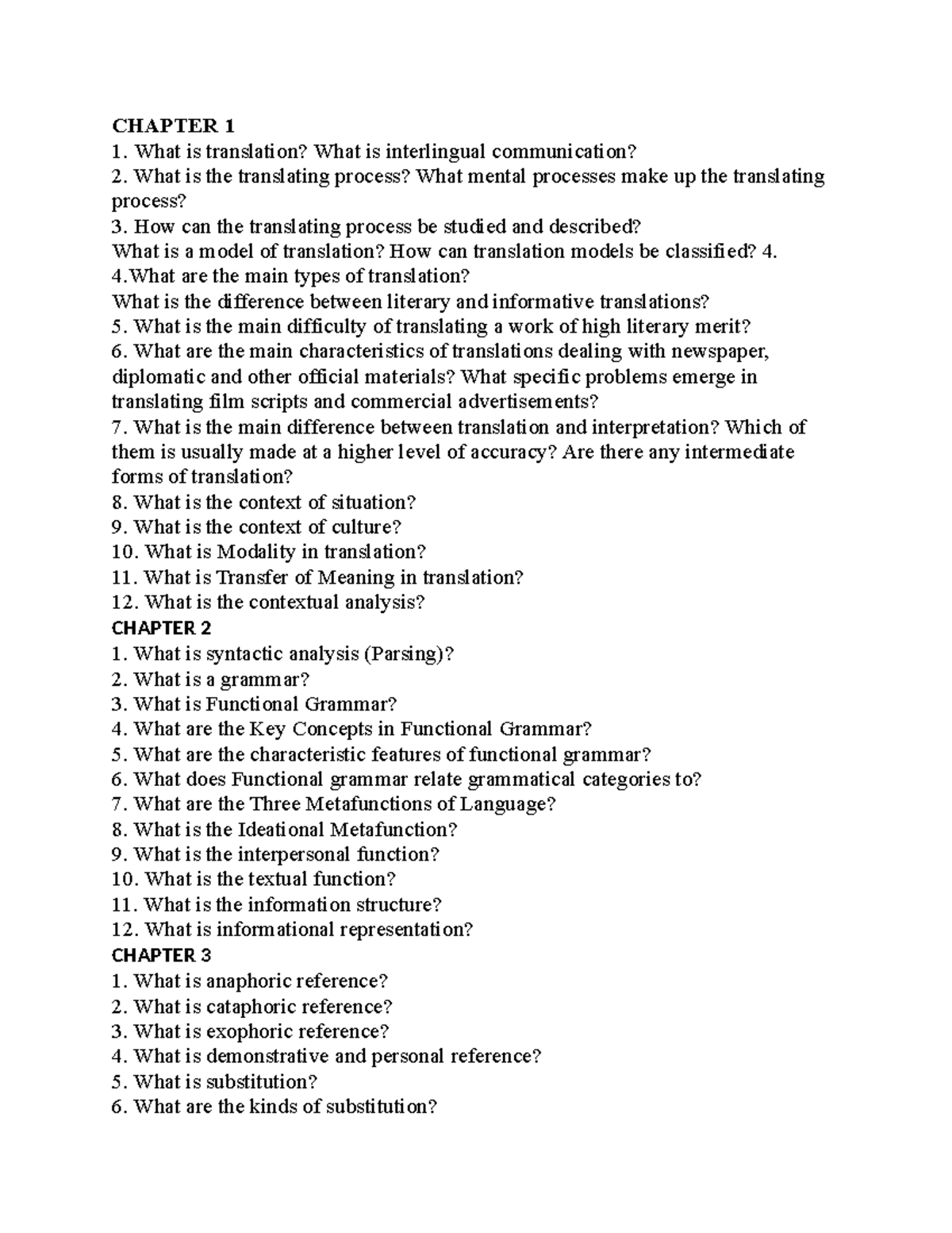 Cau hoi Ly thuyet dich - CHAPTER 1 What is translation? What is ...