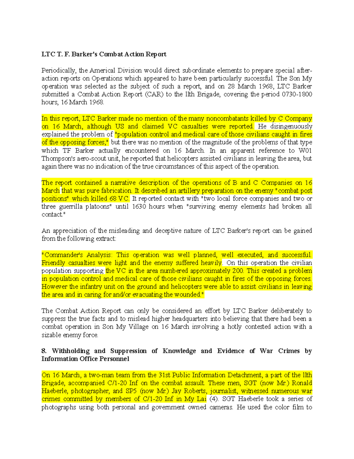 TF Barker Report Article - LTC T. F. Barker's Combat Action Report ...