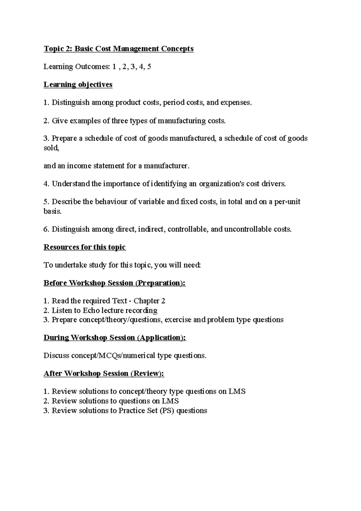 Topic 2 learning outcome - Topic 2: Basic Cost Management Concepts ...