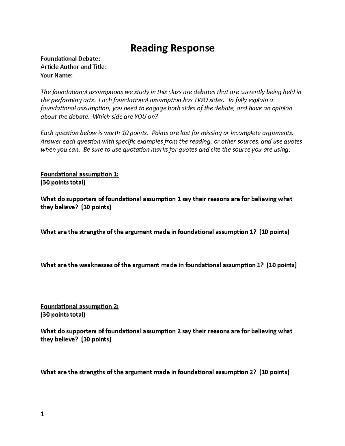 Reading Response Worksheet - Reading Response Foundational Debate ...