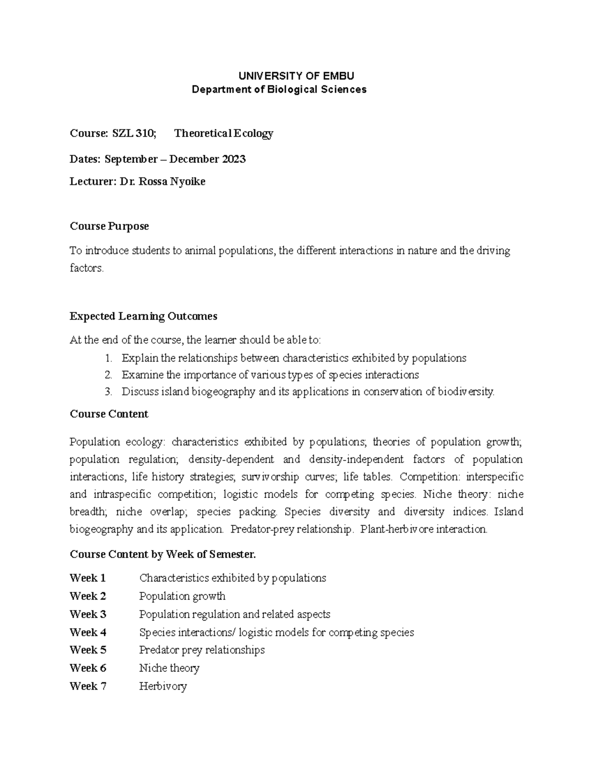 SZL310 course breakdown - UNIVERSITY OF EMBU Department of Biological ...