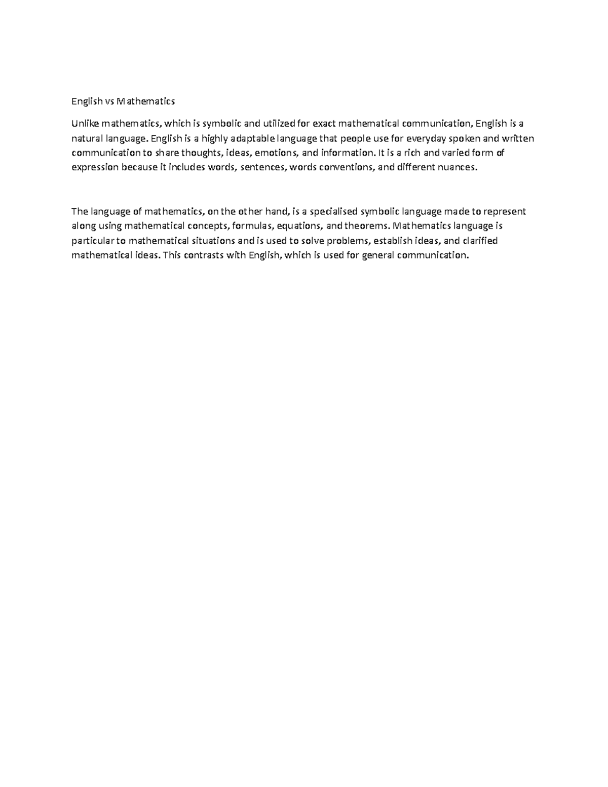 English-vs-Mathematics - English vs Mathematics Unlike mathematics ...