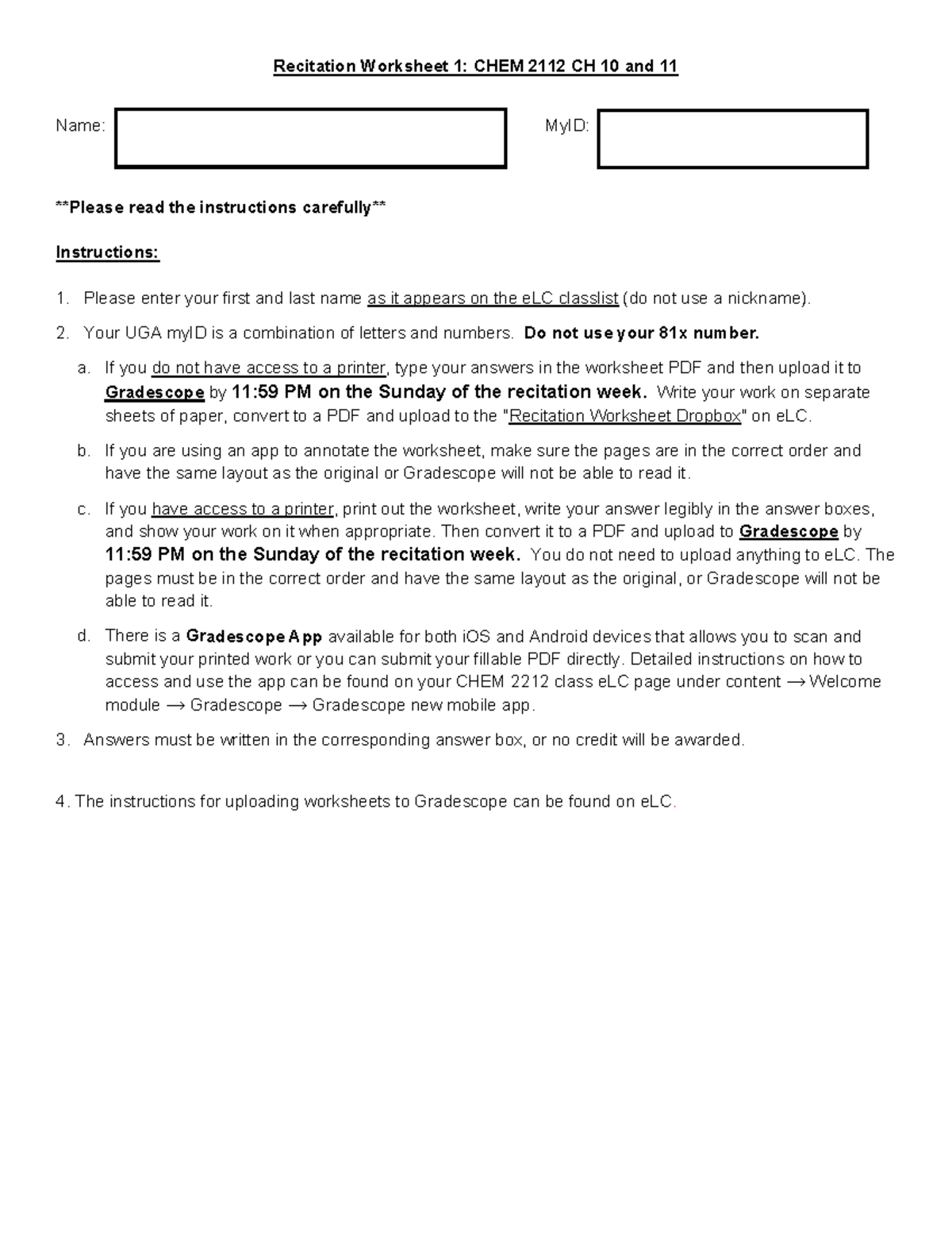 Chapter 10 and 11 recitation - Recitation Worksheet 1: CHEM 2112 CH 10 and 11 Name: MyID: Please ...