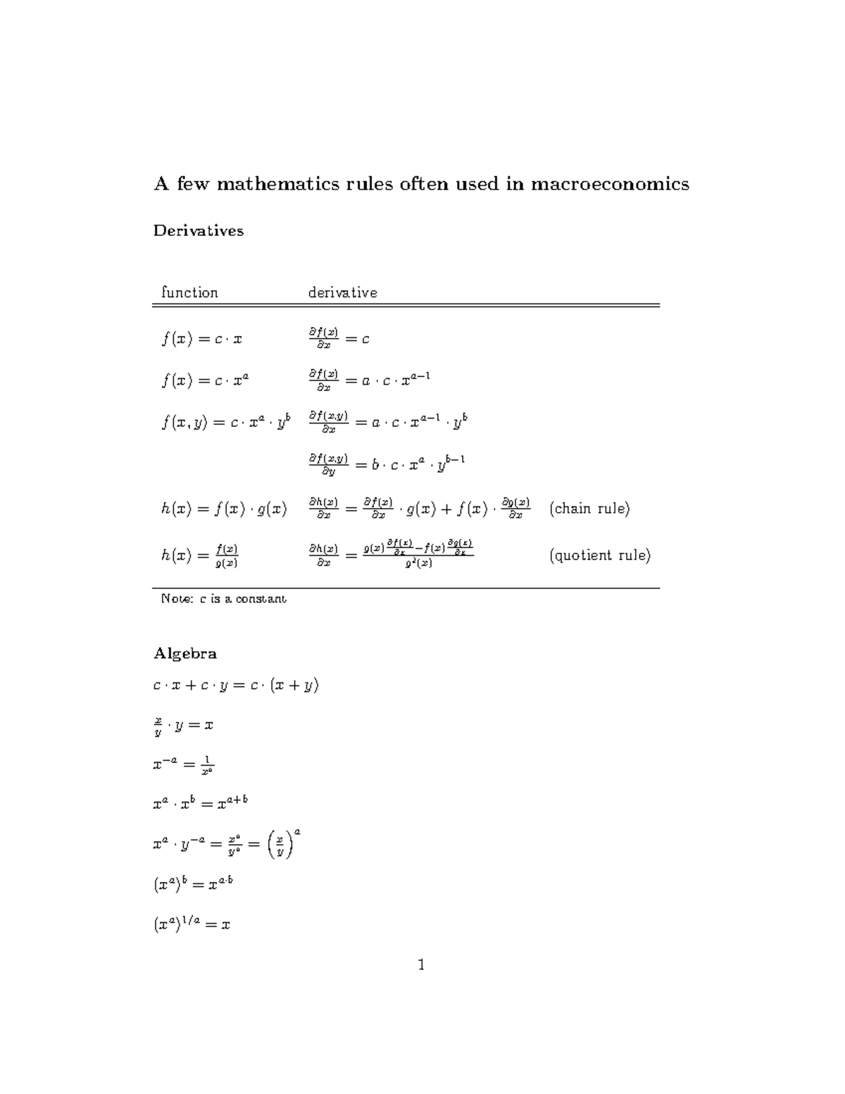 Macro 1 math rules - A few mathematics rules often used in ...