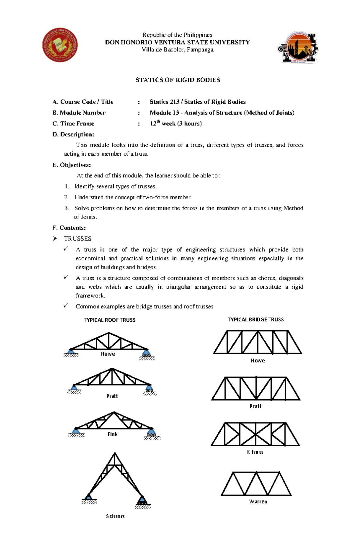 Module-13-Statics - EM 213 MODULE 13 - STATICS OF RIGID BODIES A ...