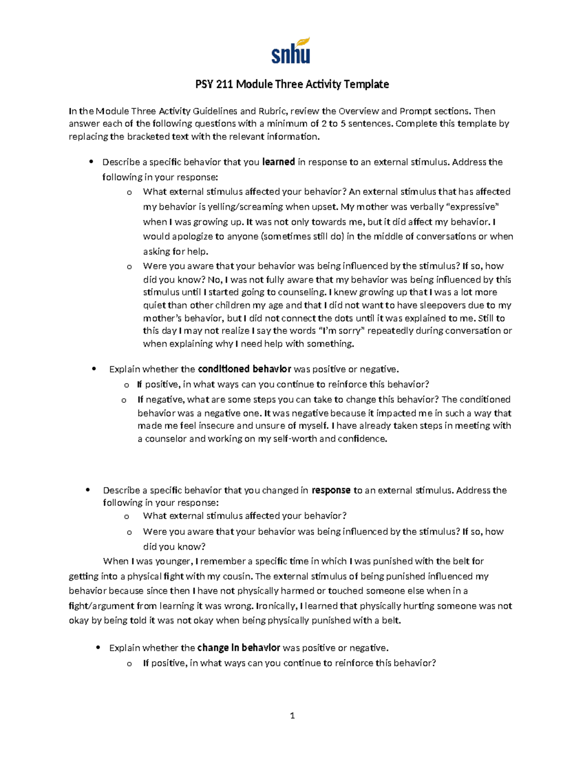 PSY 211 Module Three Activity Template - Then answer each of the following questions with a ...