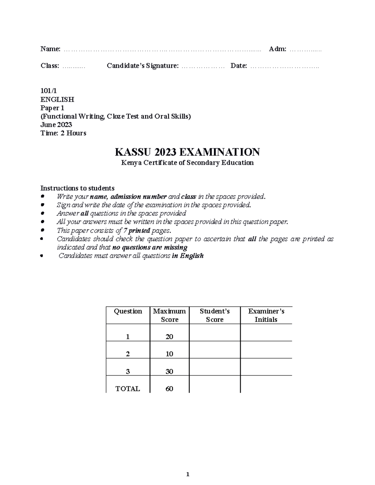 Kassu JET English P1 EXAM - Name: - Studocu