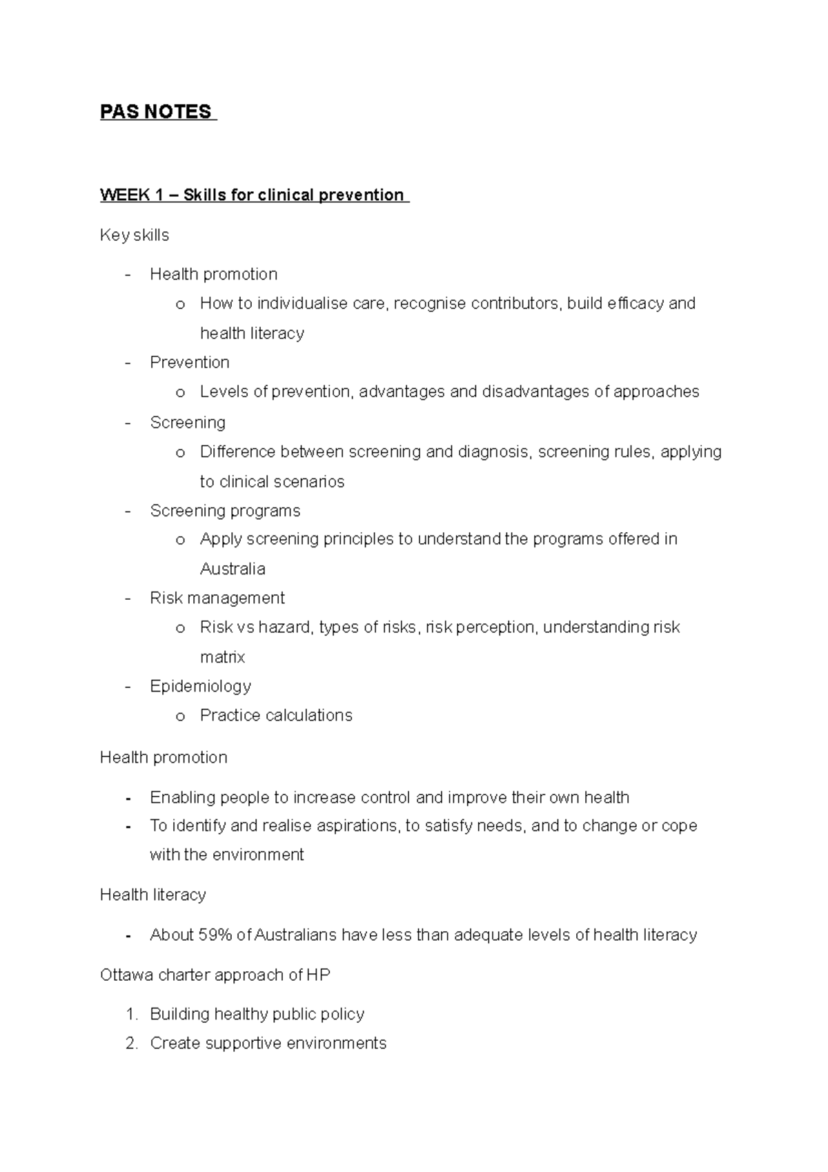 PAS notes - PAS NOTES WEEK 1 – Skills for clinical prevention Key ...