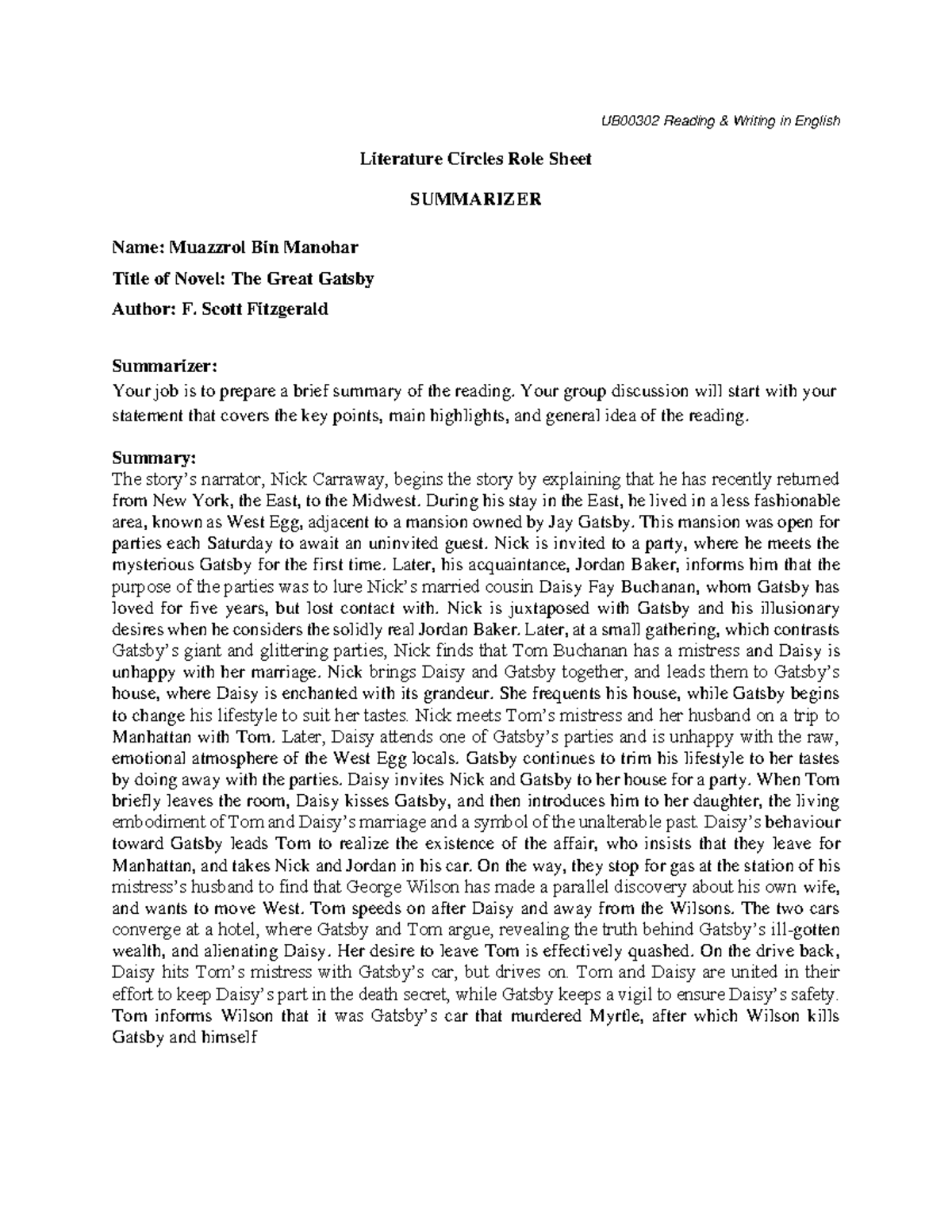 Summarizer - UB00302 Reading & Writing in English Literature Circles ...