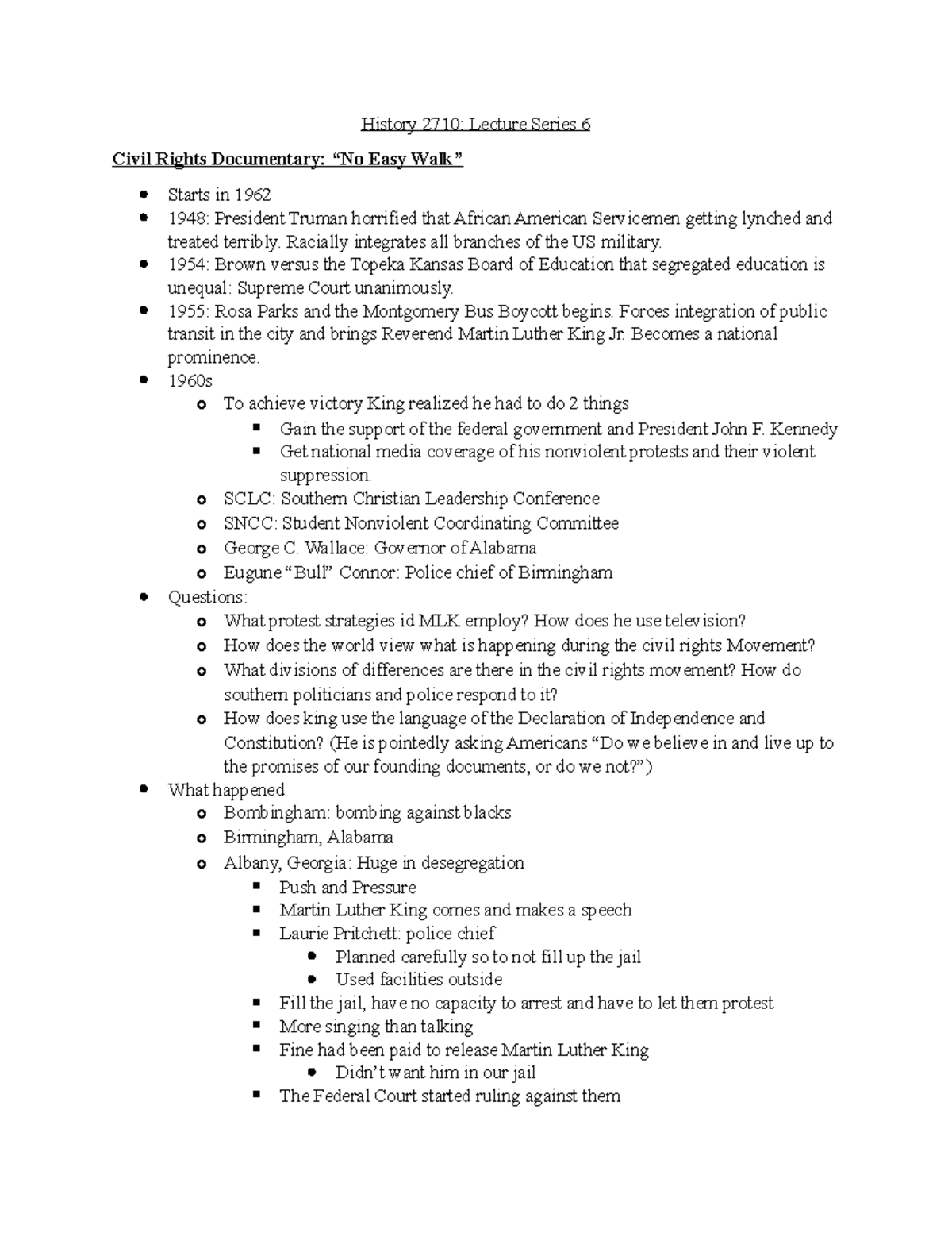 History Lecture Series 6 - History 2710: Lecture Series 6 Civil Rights ...