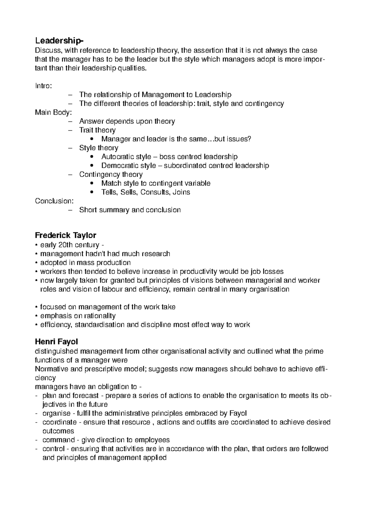 Leadership notes - LeadershipDiscuss, with reference to leadership ...