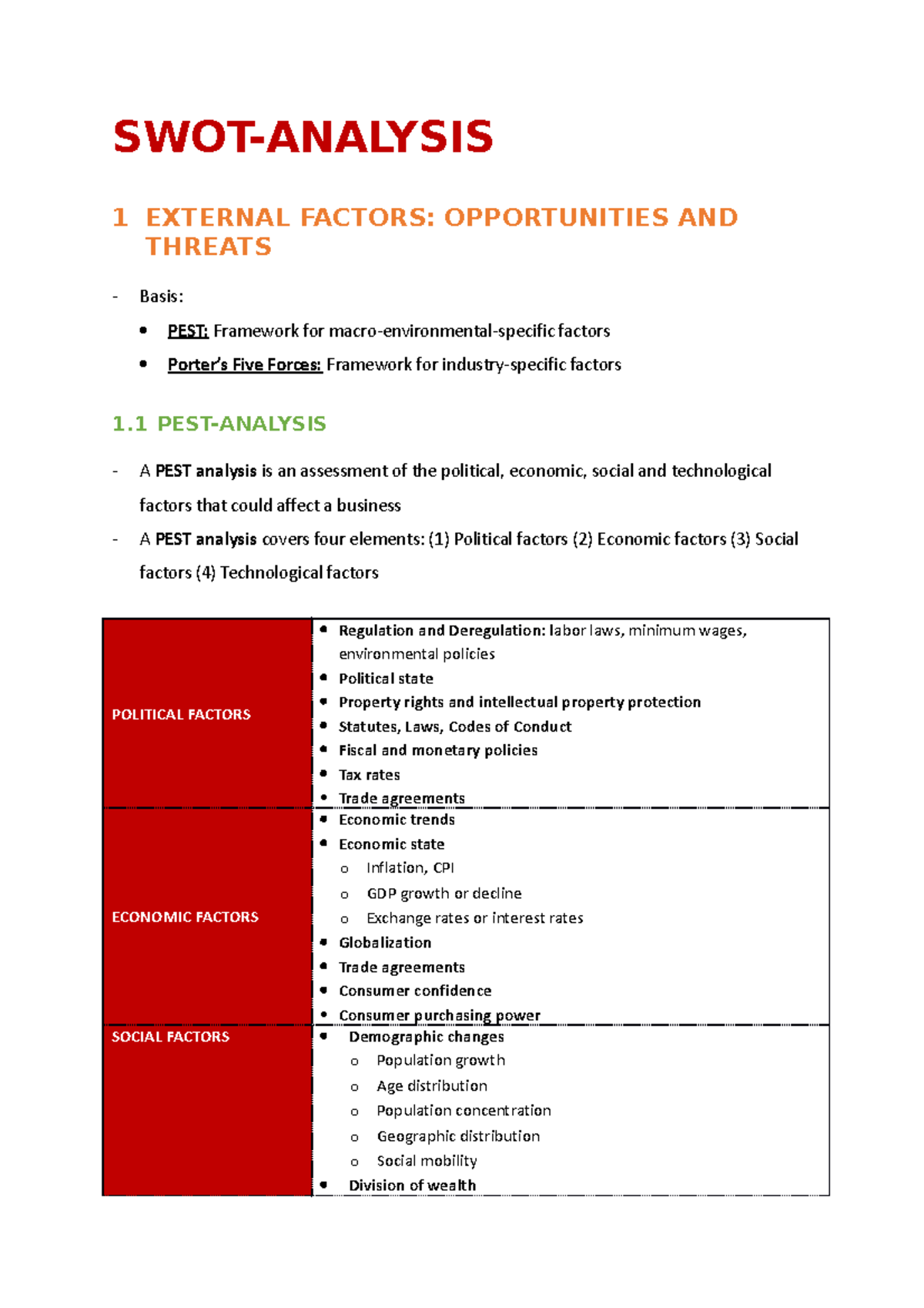 SWOT- Analysis - SWOT-ANALYSIS 1 EXTERNAL FACTORS: OPPORTUNITIES AND ...