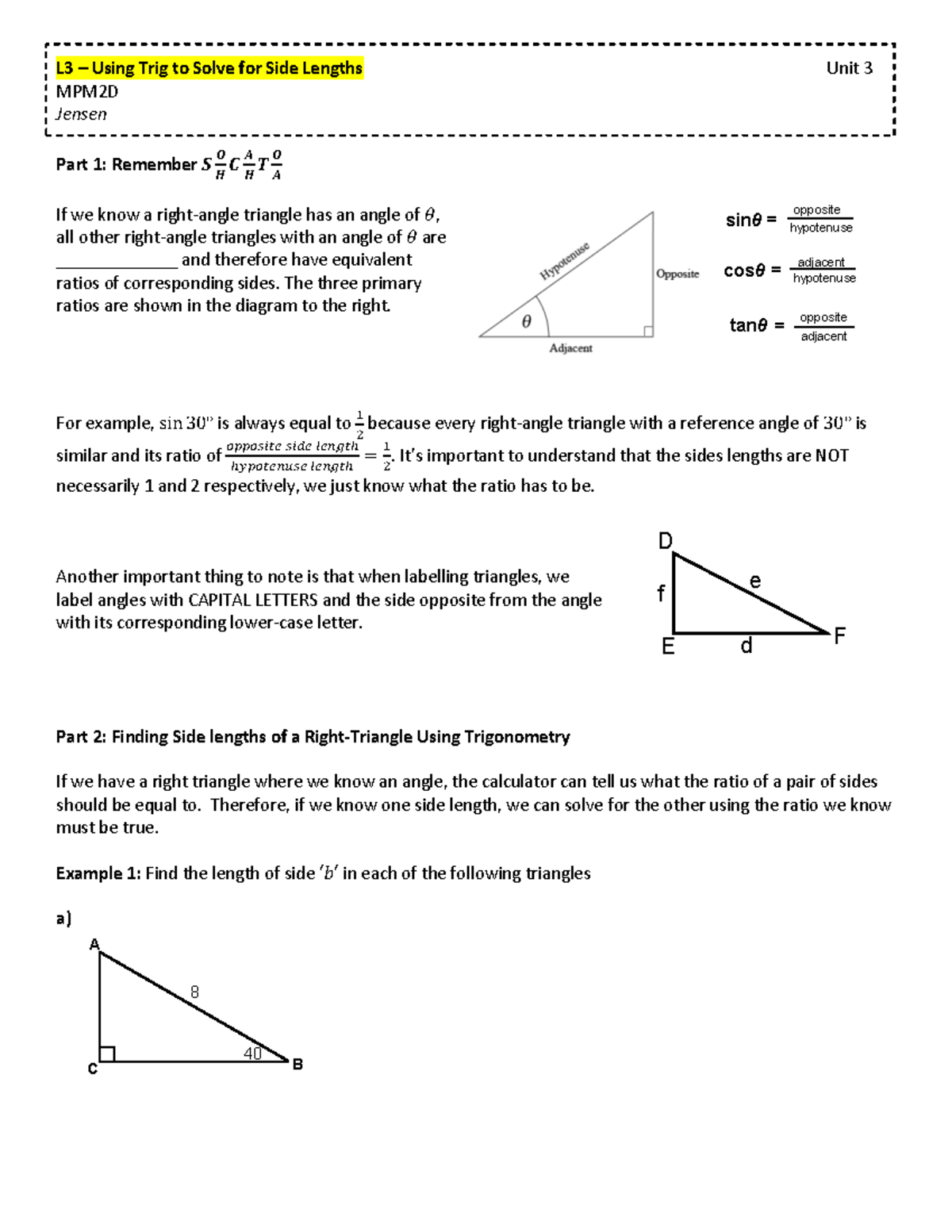 U6l3s+side+lengths - 40 8 A C B L3 – Using Trig to Solve for Side ...