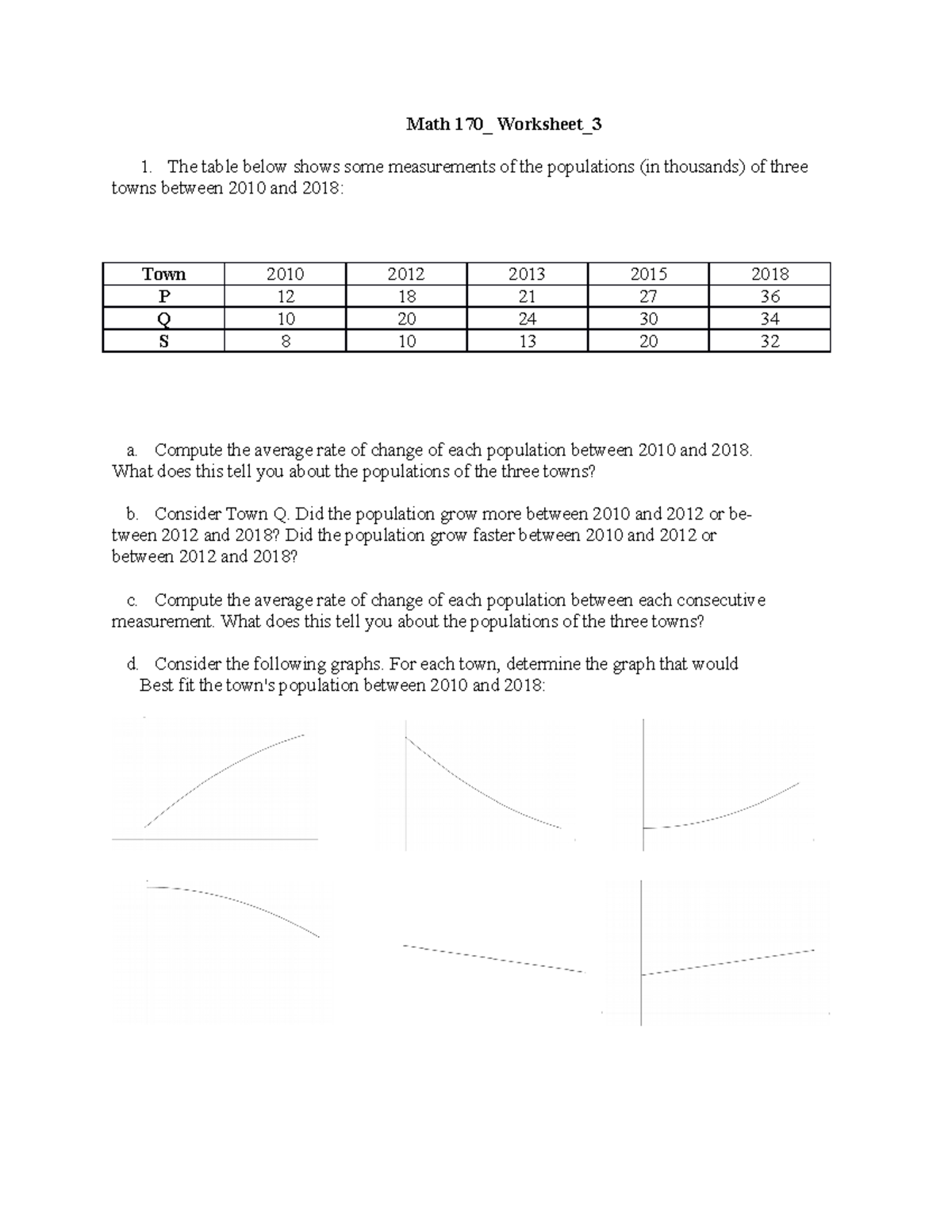 Math 170 worksheet 3 - Math 170_ Worksheet_ The table below shows some ...