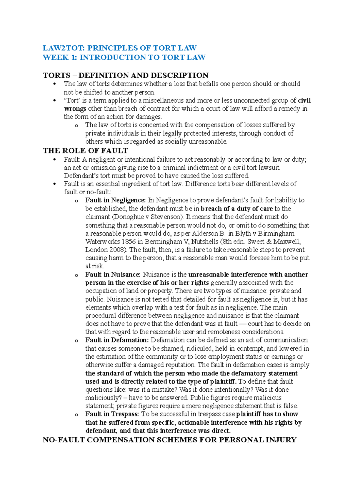 LAW2TOT Notes - LAW2TOT: PRINCIPLES OF TORT LAW WEEK 1: INTRODUCTION TO ...