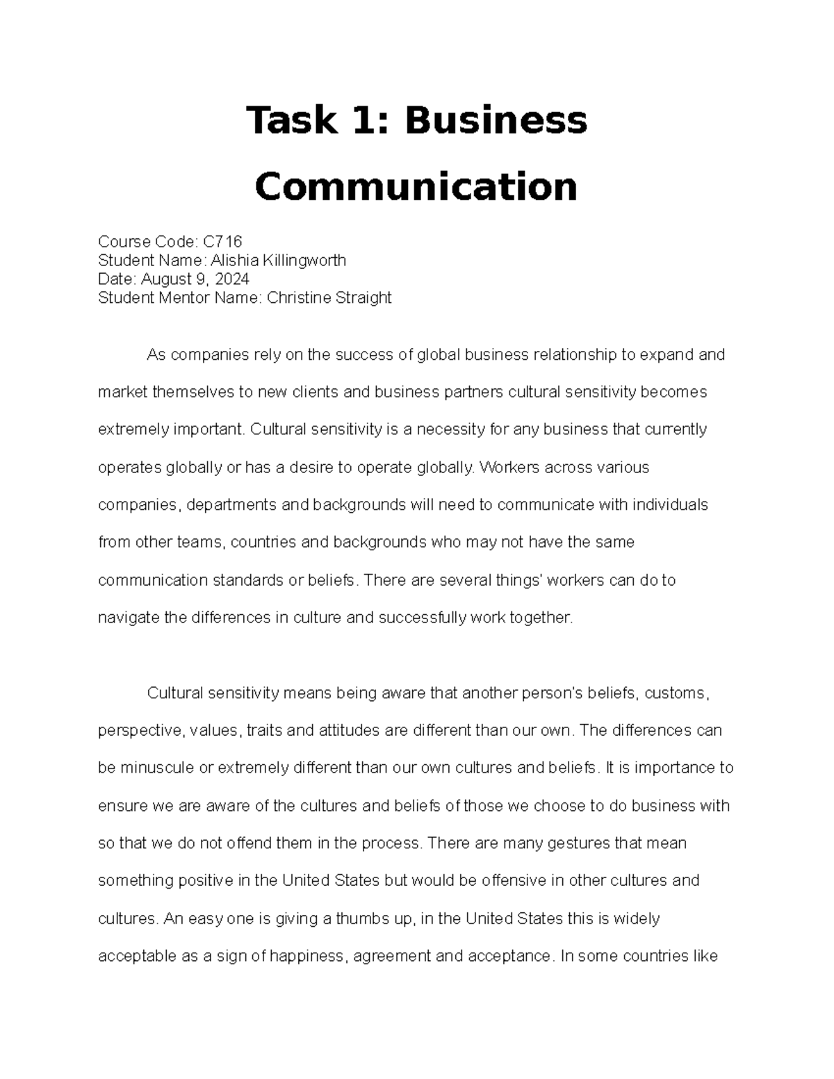 C716 Task 1 - task one for c716 - Task 1: Business Communication Course Code: C Student Name ...