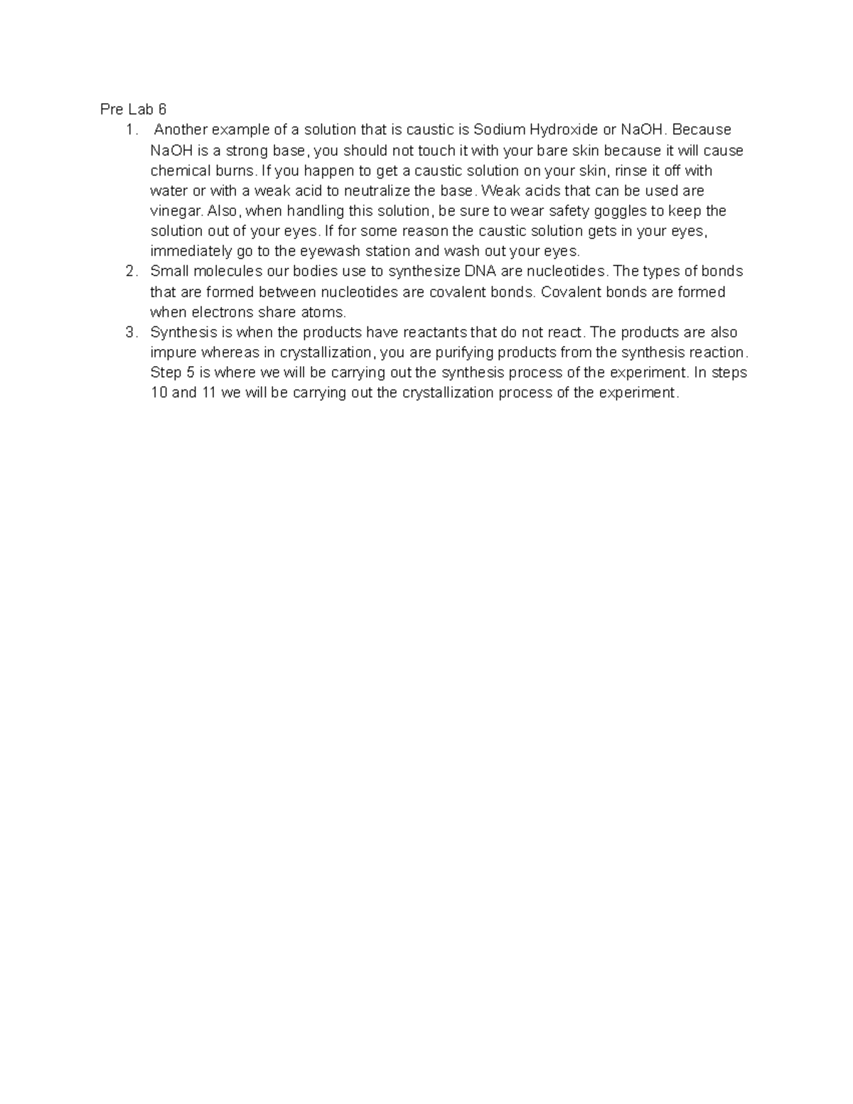 Pre Lab 6 - Pre Lab 6: Synthesis of Aluminum - Pre Lab 6 1. Another ...