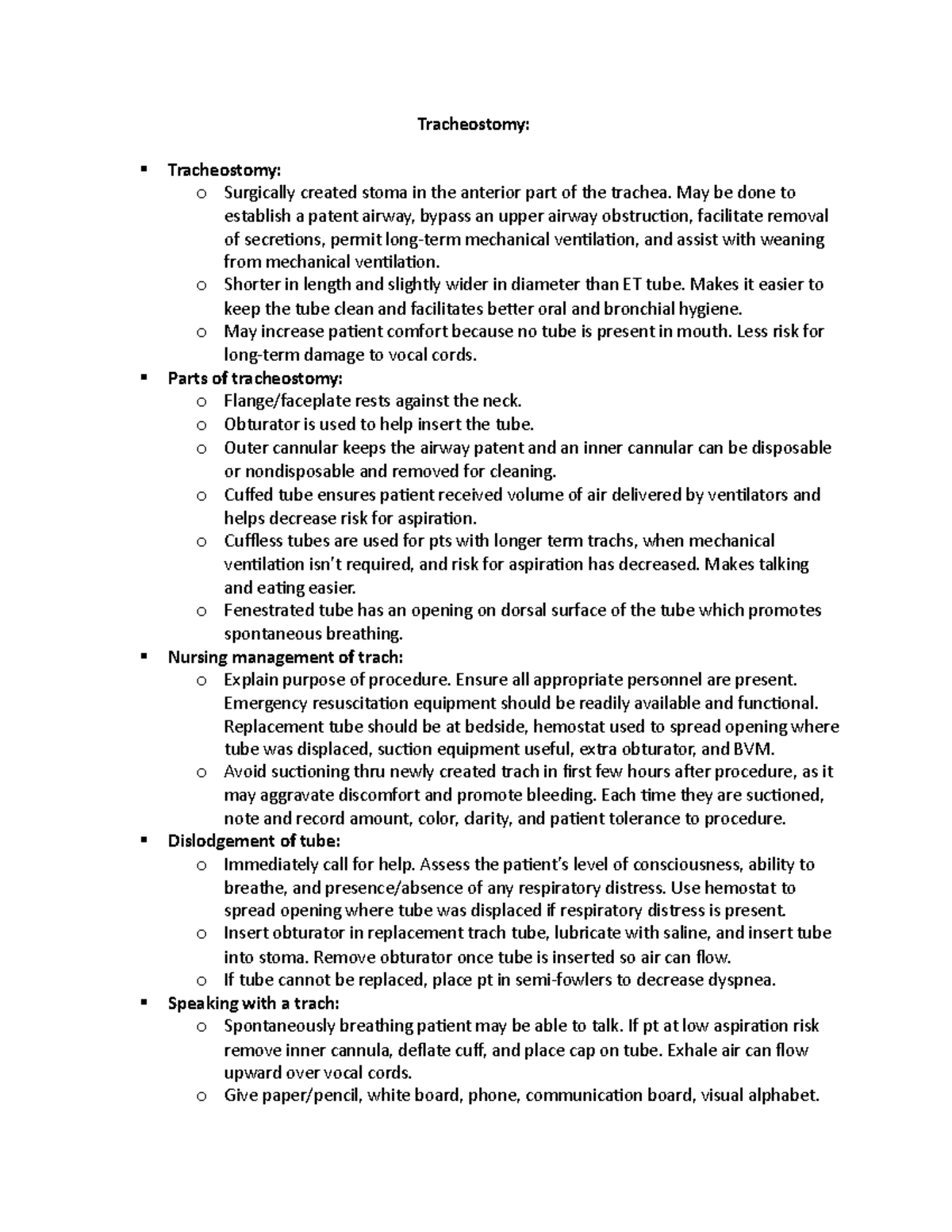 Tracheostomy - study guide - Tracheostomy: Tracheostomy: o Surgically ...