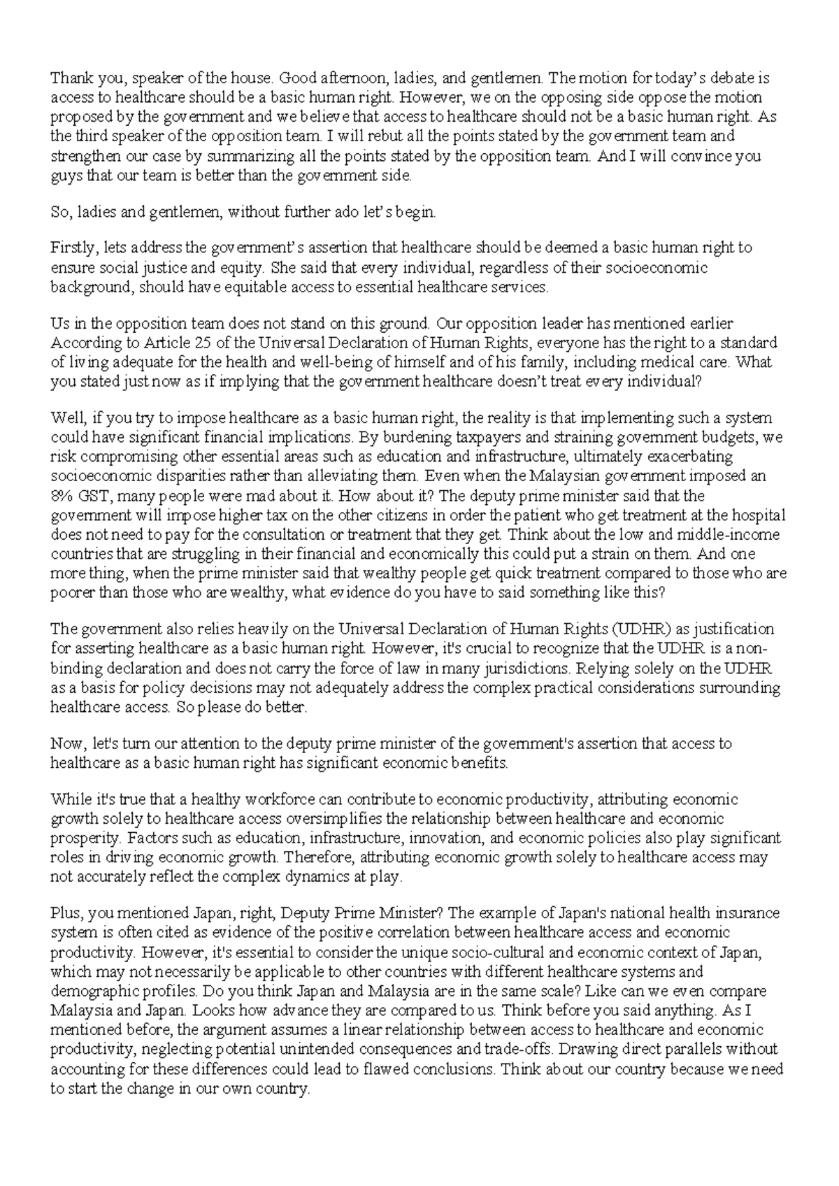 Debate Script Assessment - Thank you, speaker of the house. Good ...