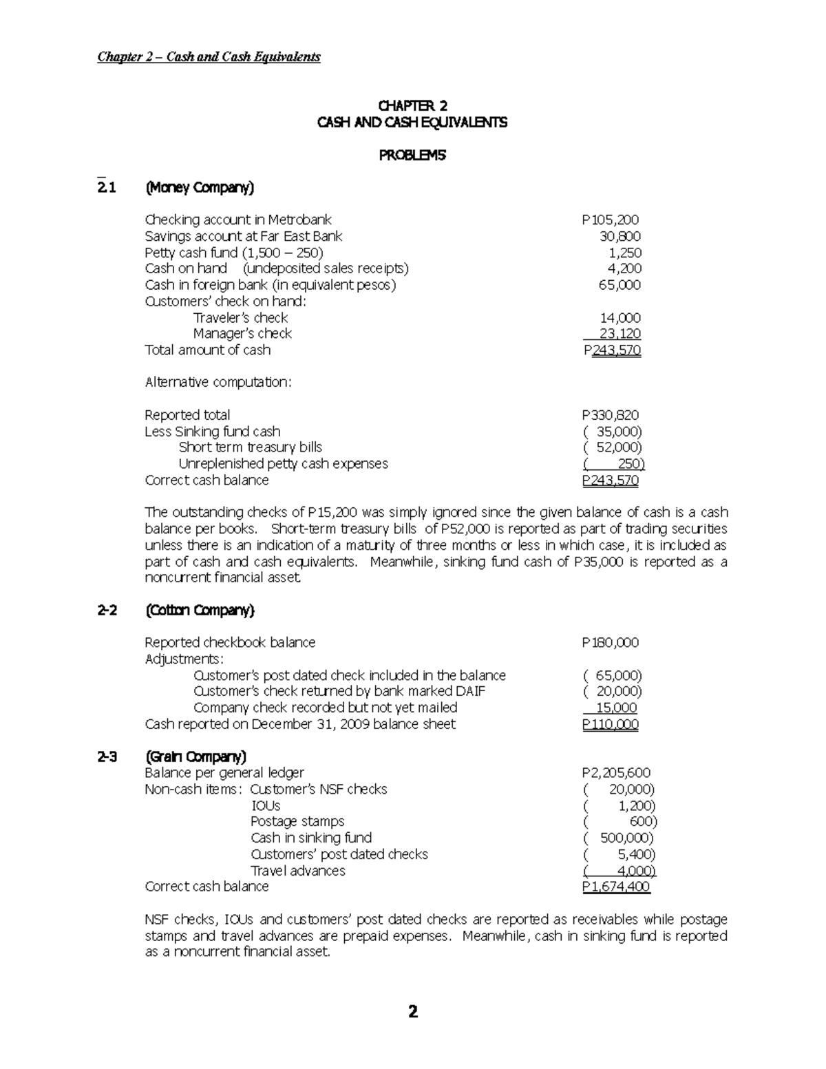 Ch 2 Answers - INTERMEDIATE ACCOUNTING SOLUTIONS - CHAPTER 2 CASH AND CASH EQUIVALENTS PROBLEMS ...