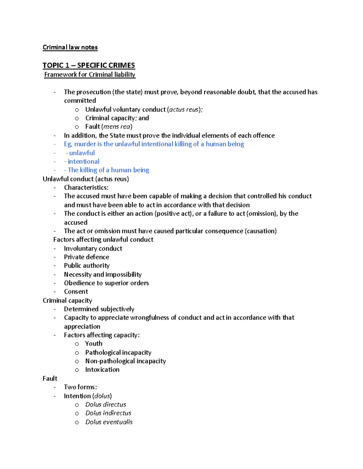 Criminal law notes - law - Criminal law notes TOPIC 1 – SPECIFIC CRIMES ...