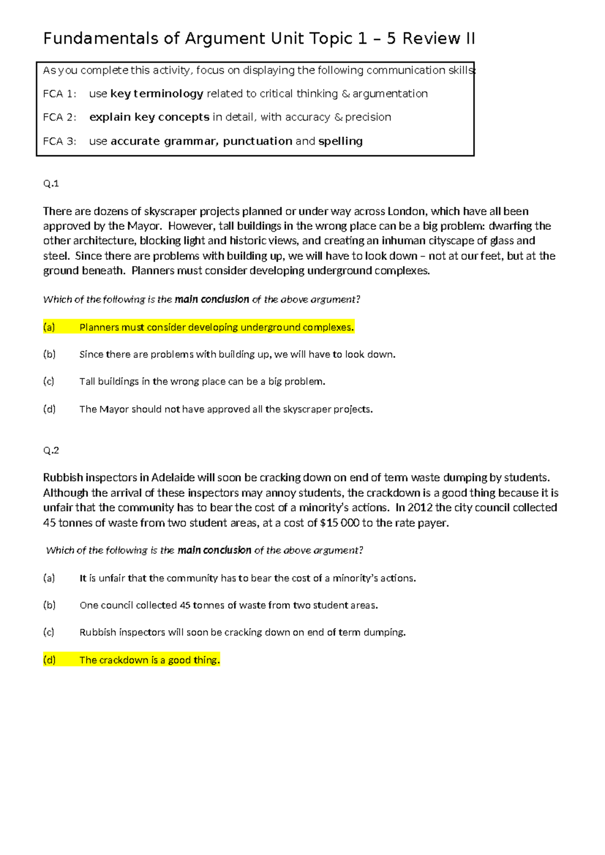 Review Exercise II - Topic 1 - 5 - Fundamentals of Argument Unit Topic ...