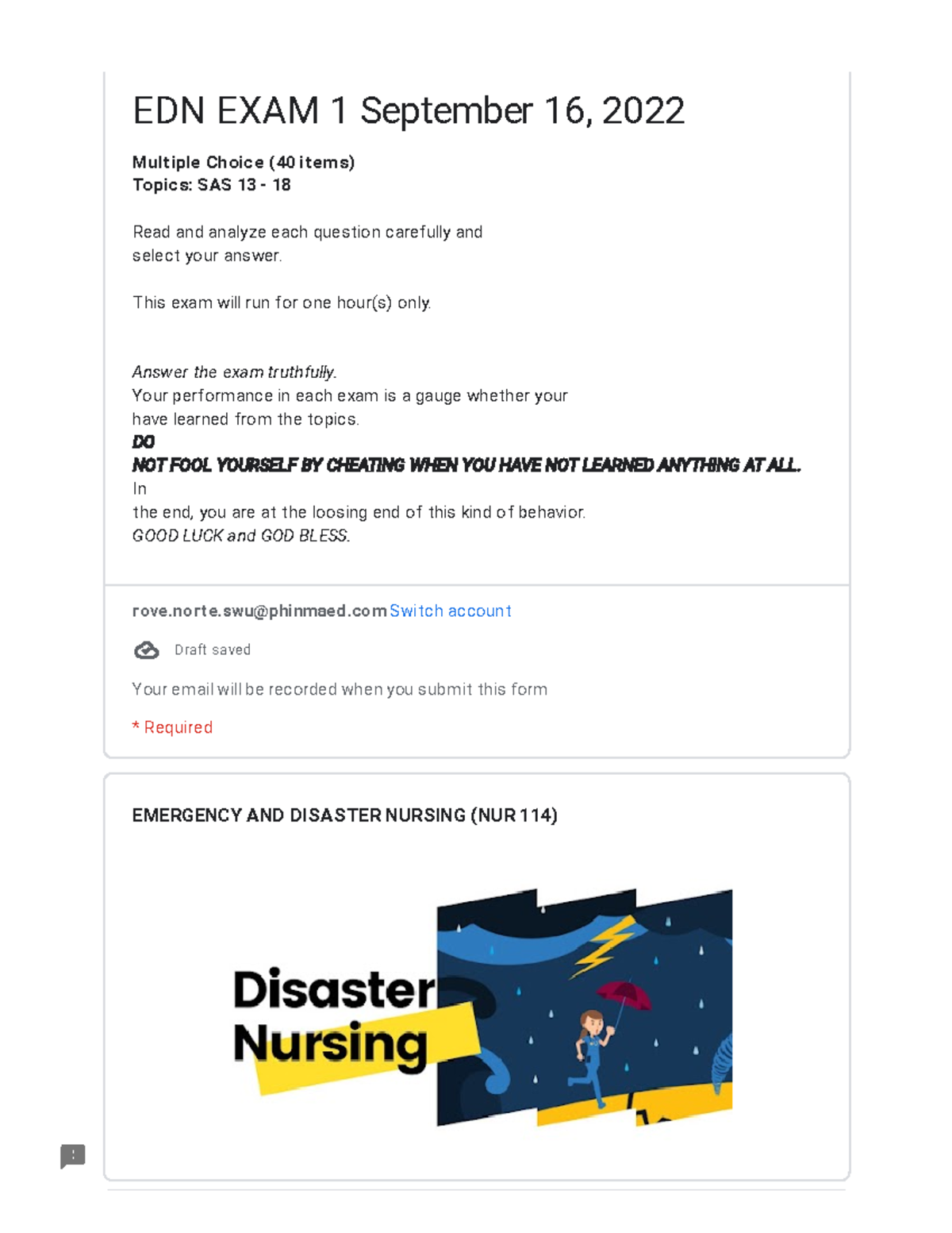 EDN EXAM 1 September 16 2022 - EMERGENCY AND DISASTER NURSING (NUR 114 ...