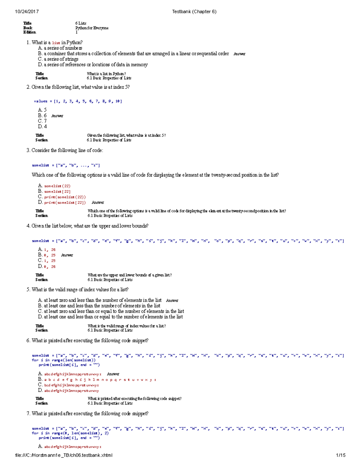 Testbank-Chapter-6 - qweqweqwe - Title 6 Lists Book Python for Everyone ...