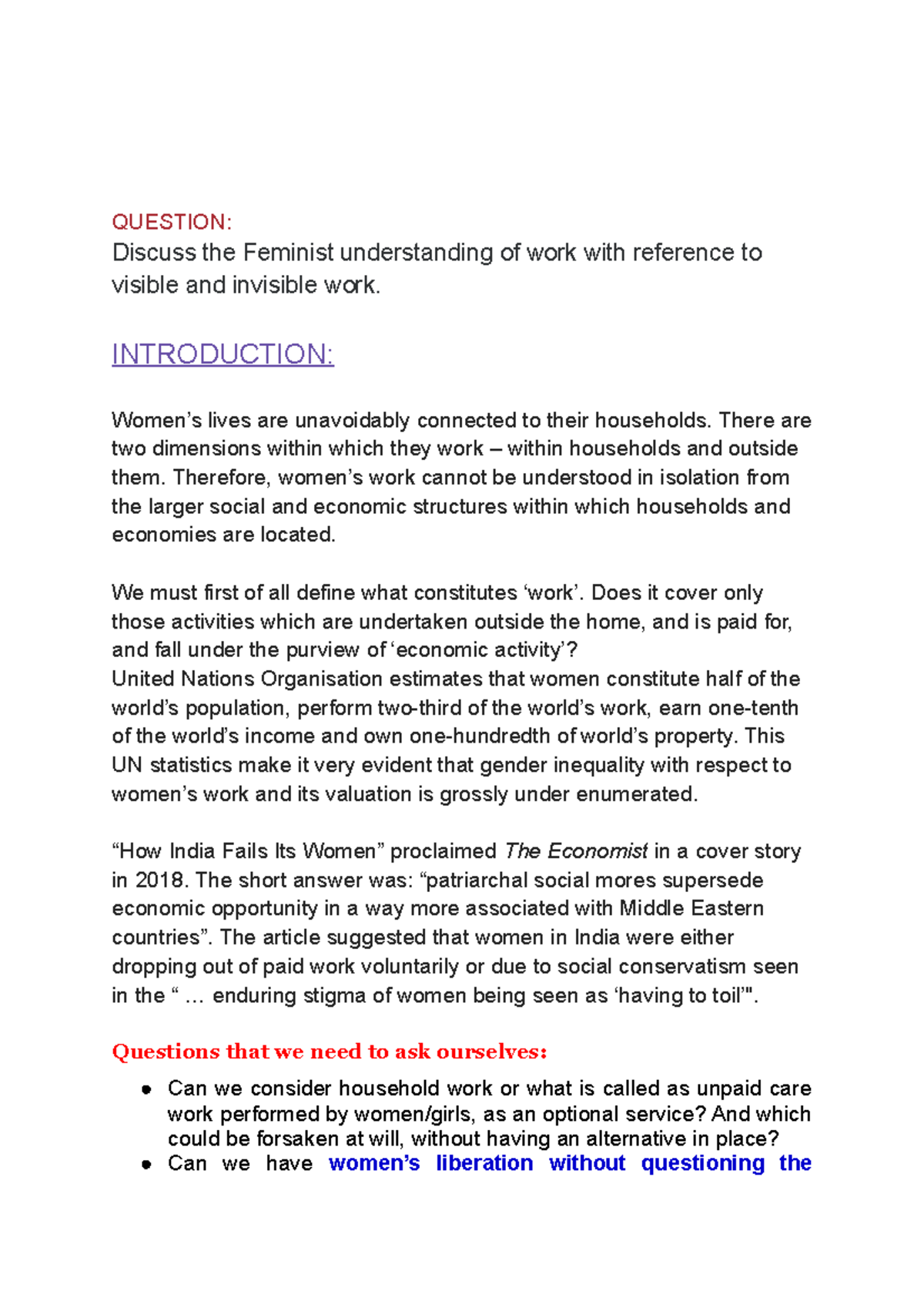 Feminism: Visible and invisible work - QUESTION: Discuss the Feminist ...