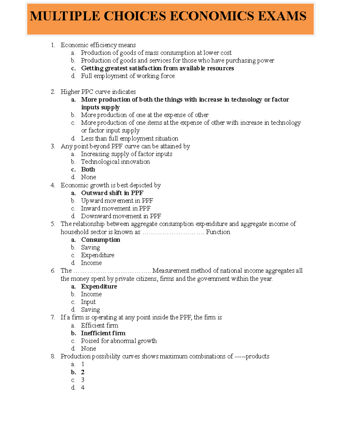 Economics Quiz Paper for Ecom Student Sec III - Economic efficiency ...