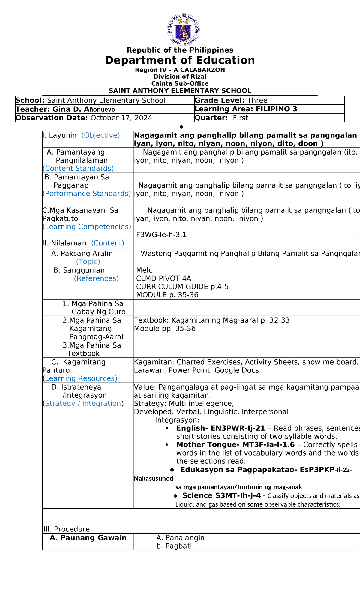 LESSON PLAN DEMO - Republic of the Philippines Department of Education ...